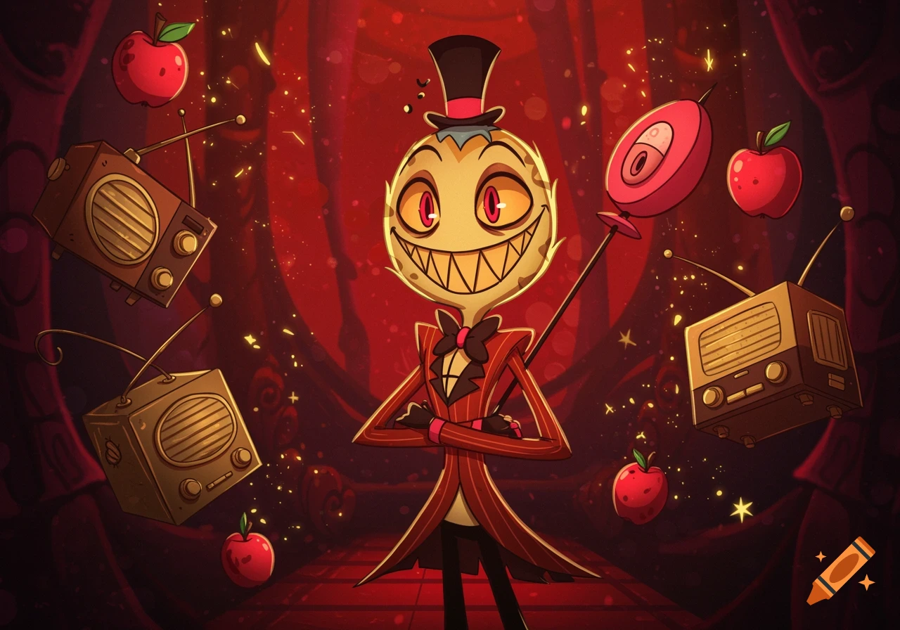 Cartoon illustration of Alastor with a microphone against a red circle ...