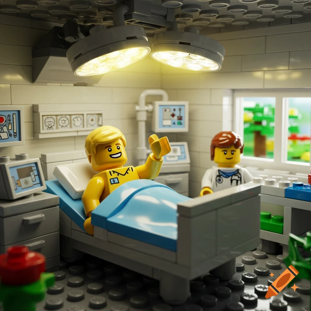 A Lego patient gives a thumbs up from a hospital bed, with a Lego ...