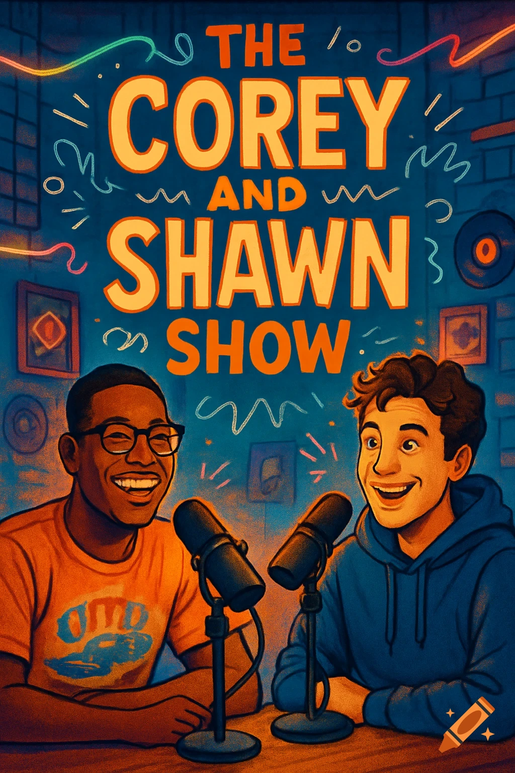 Cartoon illustration of a podcast poster titled 'The Corey and Shawn ...