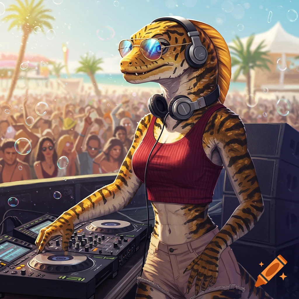An animorphic tiger-patterned DJ in sunglasses and headphones plays ...