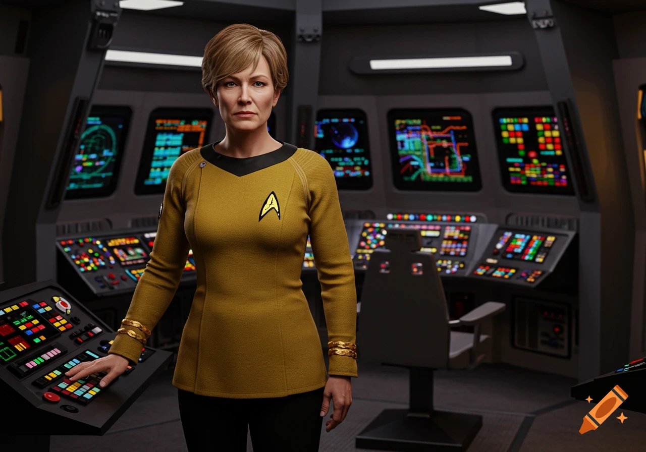 Photorealistic image of a woman in a gold Starfleet uniform standing on ...
