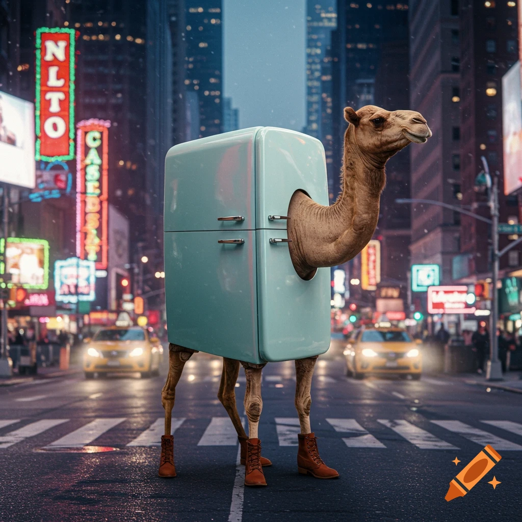 A camel with a light blue refrigerator for a body and wearing brown ...
