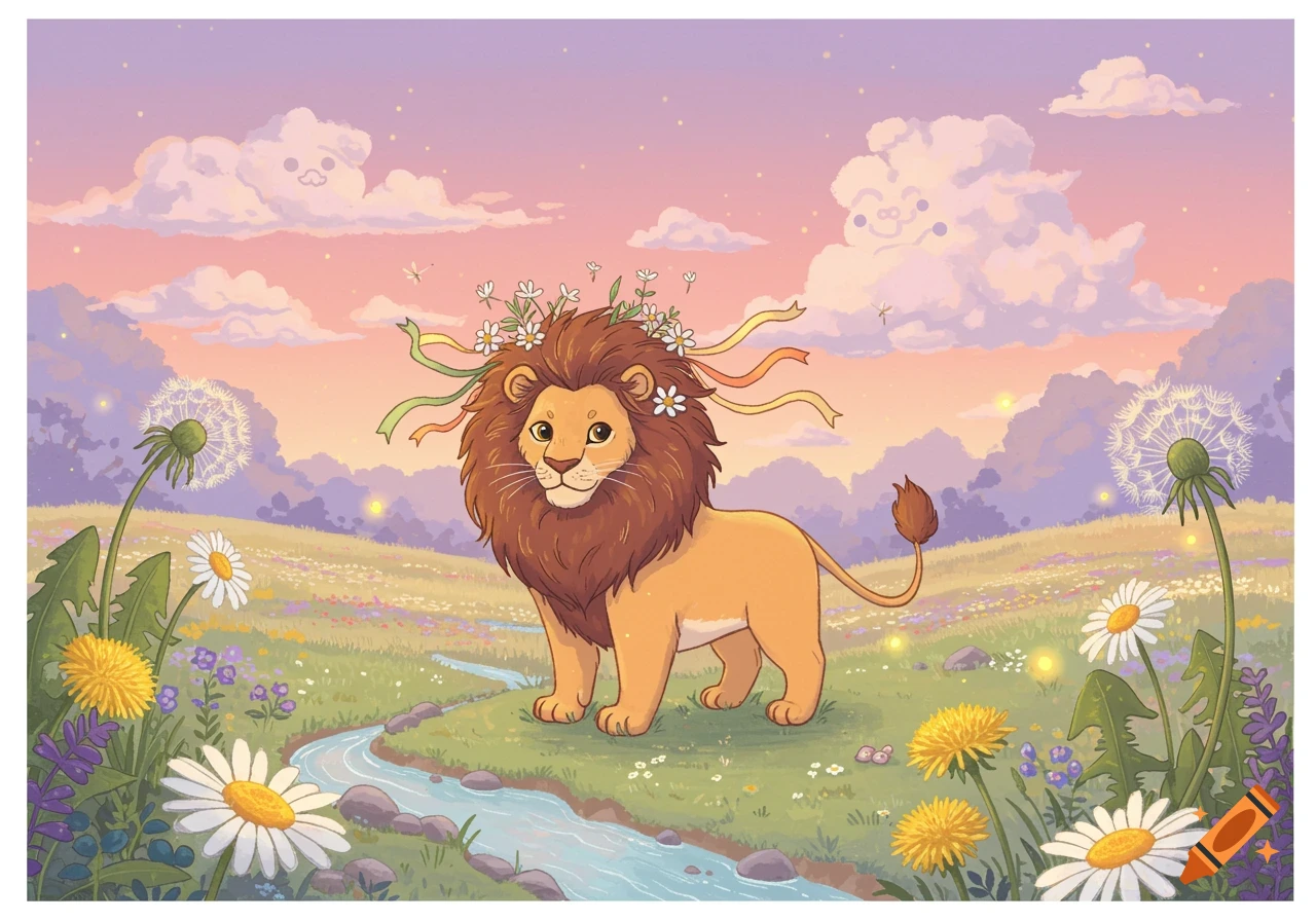 A cute cartoon lion wearing a crown of flowers and ribbons stands in a ...
