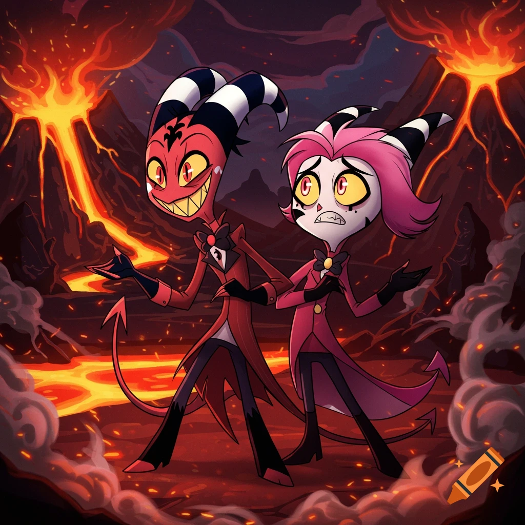 Cartoon characters Blitz and Moxxie stand in a hellish volcanic ...