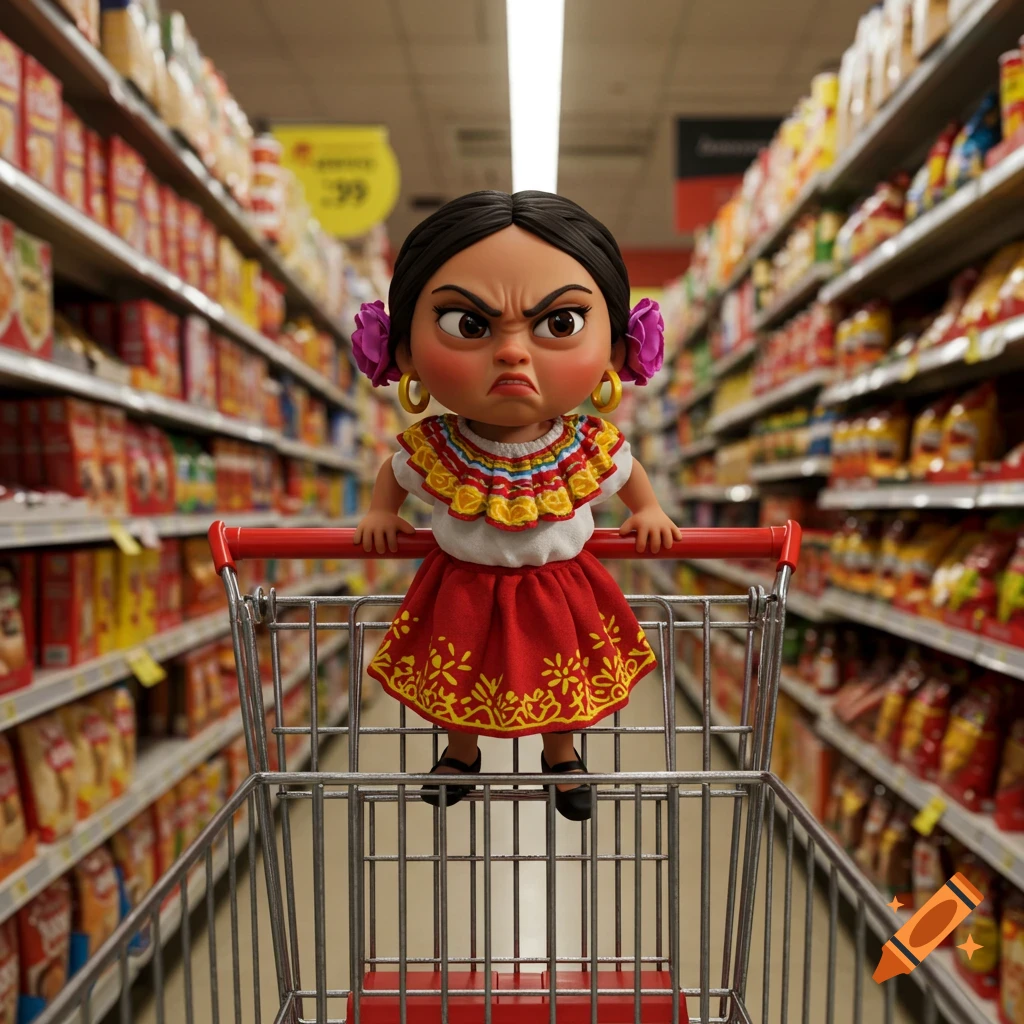 An angry, stylized doll with braided hair and traditional clothing ...