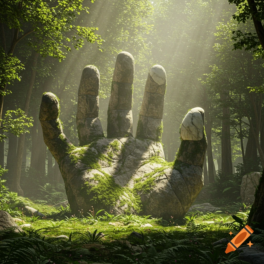 A massive moss-covered stone hand rises from the forest floor, bathed ...