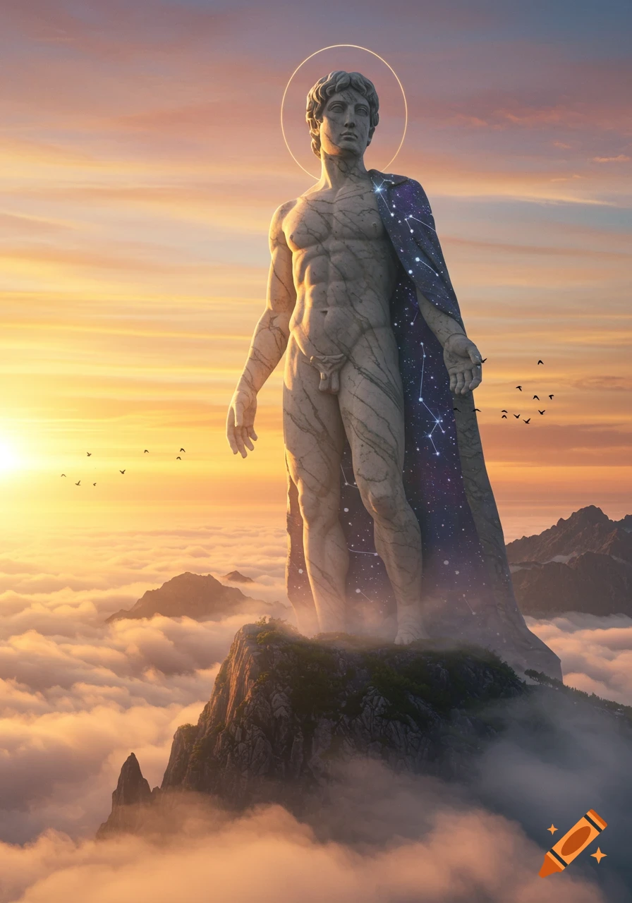 A majestic classical marble statue with a starry cape and halo stands ...