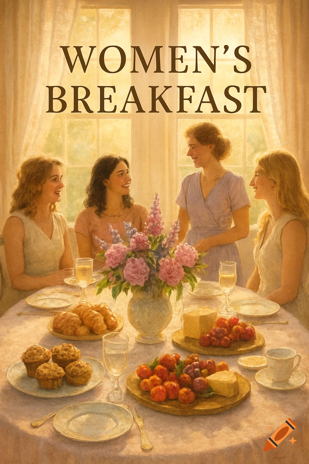 A painting of four women seated around a table laden with breakfast food, including pastries ...