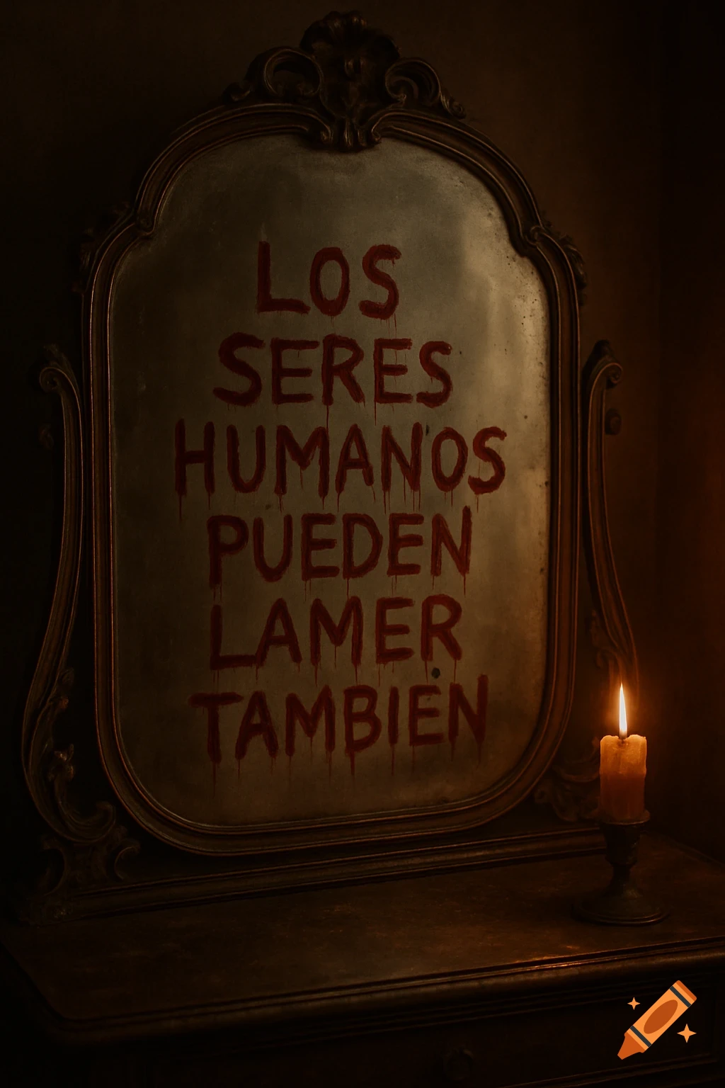 Blood-like writing on an ornate mirror in a dimly lit room with a ...