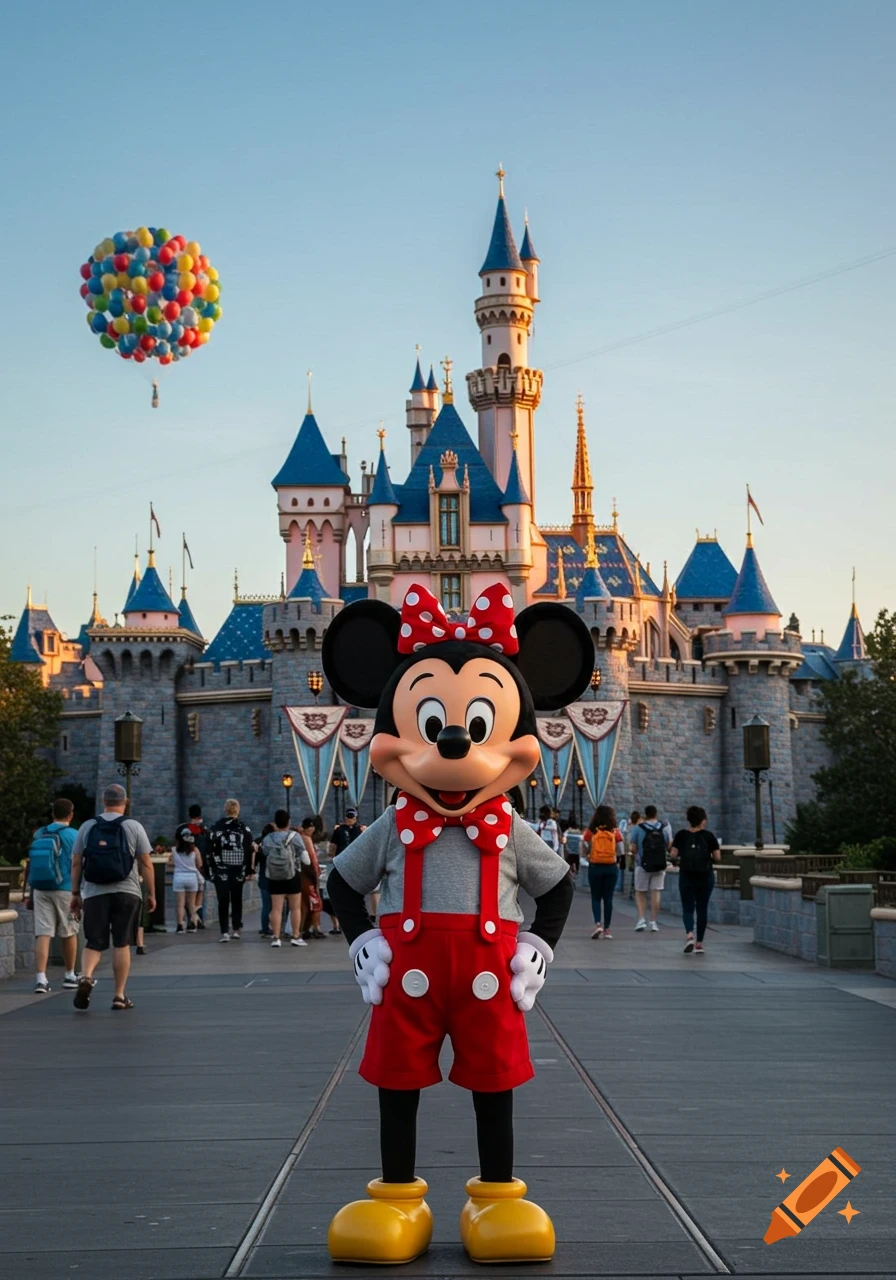 Mickey Mouse wearing a red polka dot bow and bow tie, standing in front ...