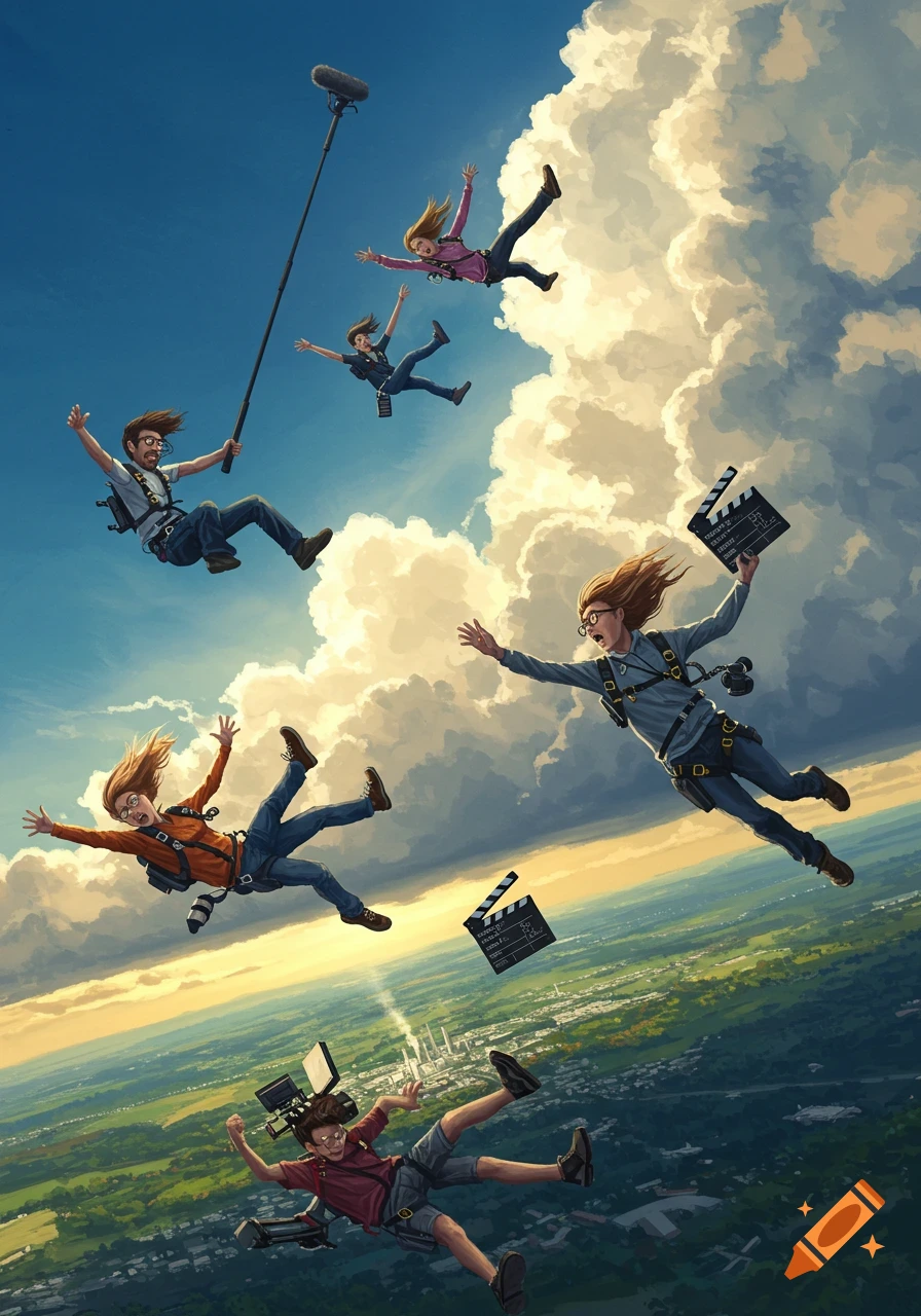 Illustration of a film crew falling from the sky with filmmaking ...