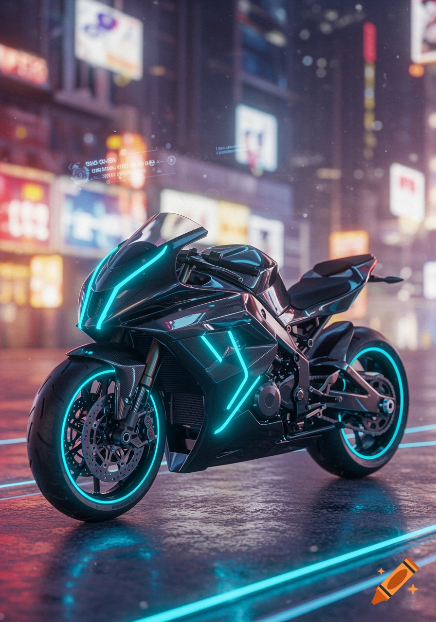 An anime woman with blue hair stands next to a silver motorbike on a ...