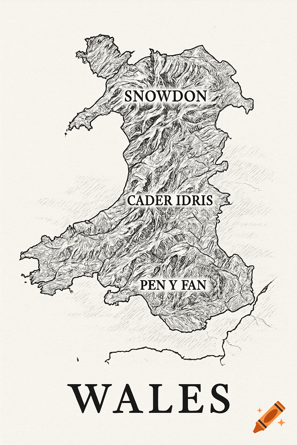 Black and white sketch map of Wales, depicting Snowdon, Cadair Idris ...