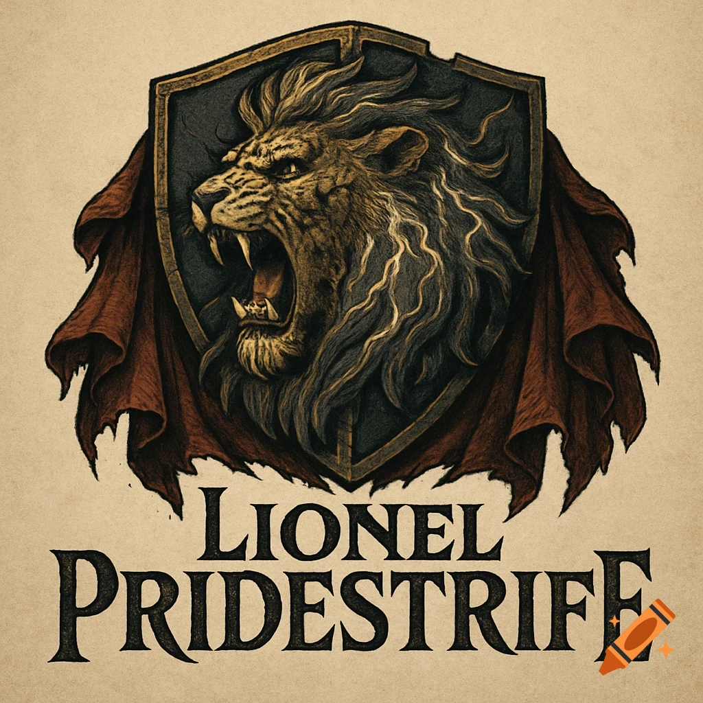 A fantasy logo featuring a roaring lion's head on a shield, flanked by ...