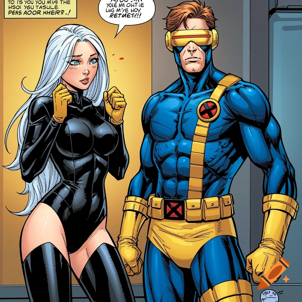 Comic book illustration of a white-haired woman in a black X-Men suit ...