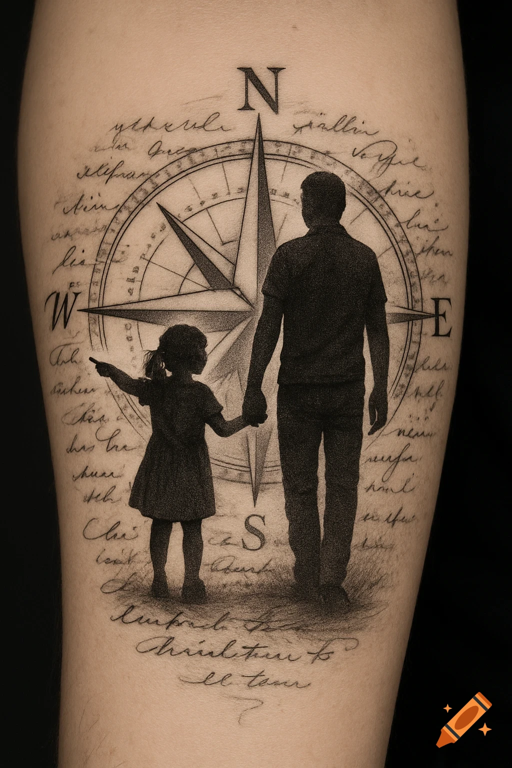 A black and white tattoo of a father and daughter holding hands, silhouetted against a compass ...