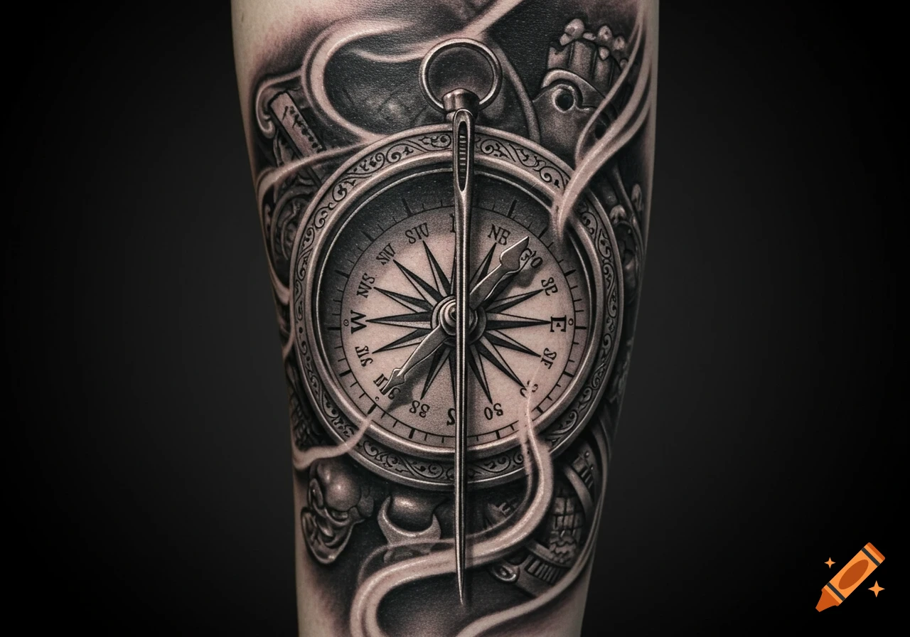 Black and grey realism tattoo of a compass with a needle on an arm. on ...