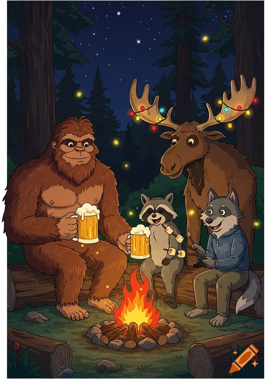 A cartoon Sasquatch, raccoon, moose, and wolf sit around a campfire at ...