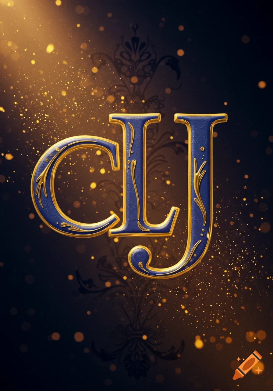 Decorative gold and blue letters 'CLJ' glowing with golden particles ...