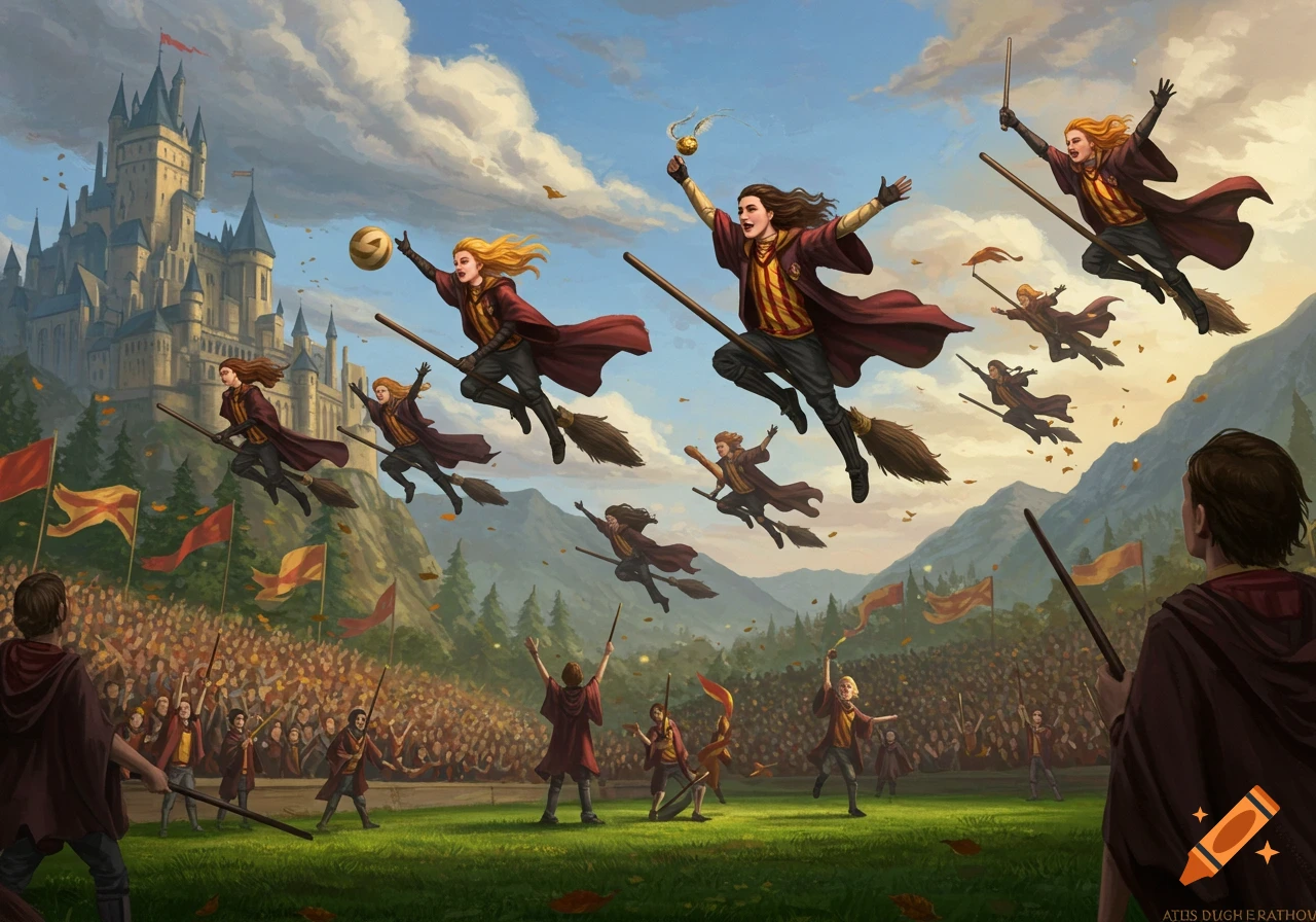 Gryffindor players fly celebrating a Quidditch win over disappointed ...