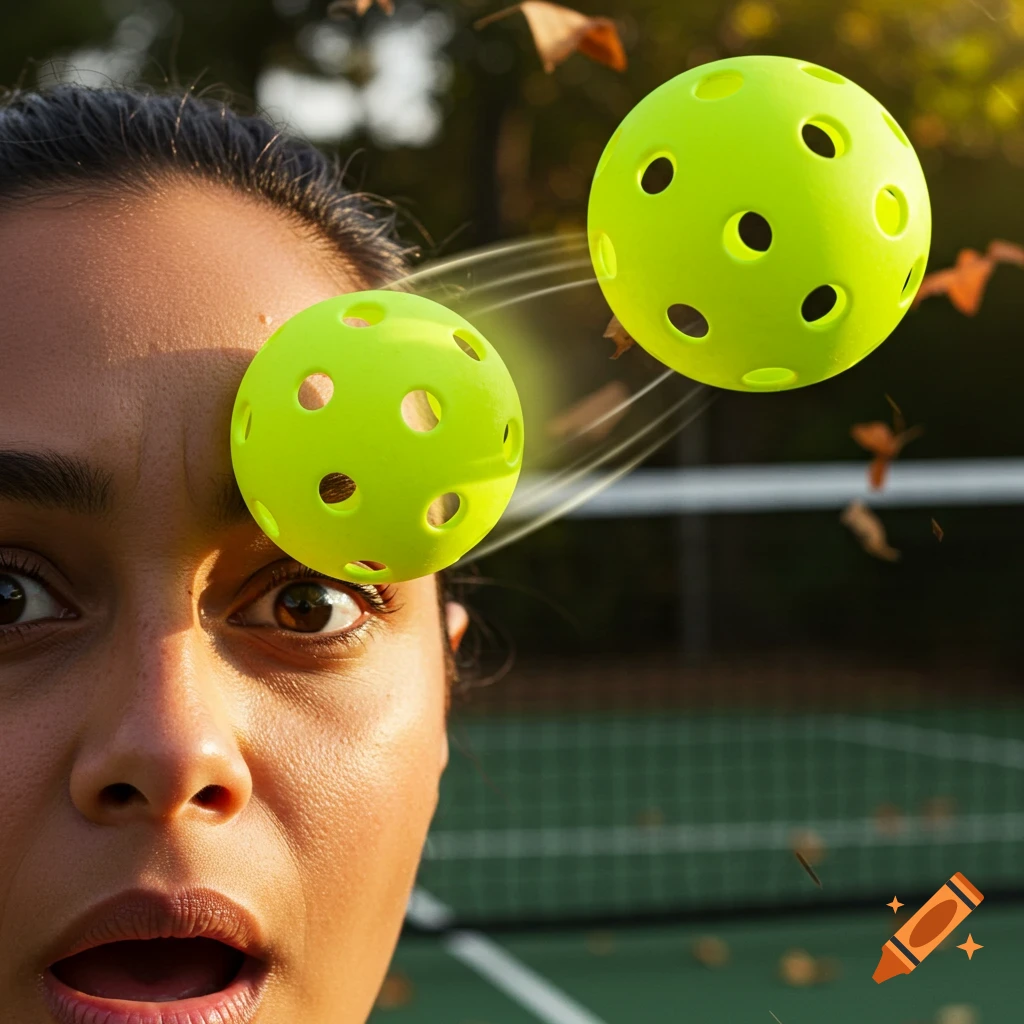 A close-up of a person's wide-eyed face as a green pickleball appears ...