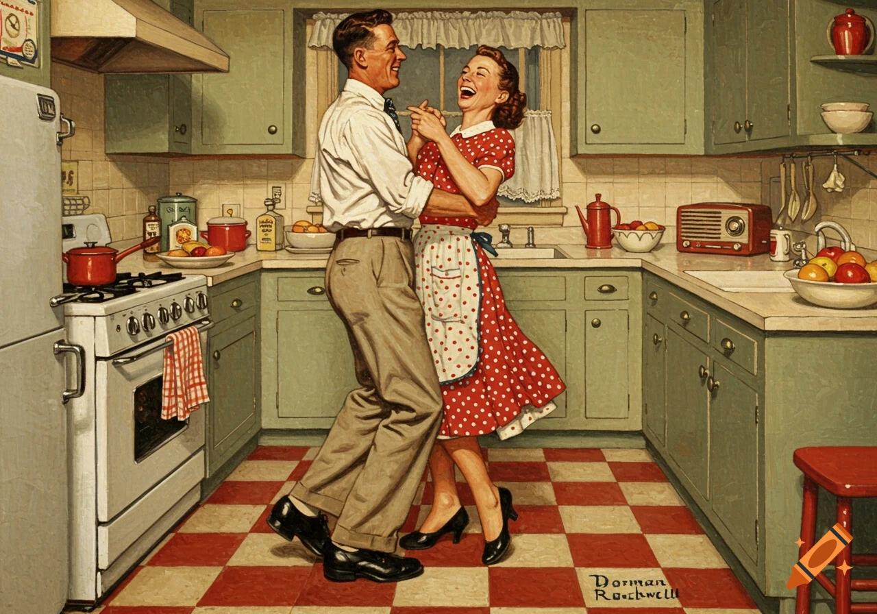 A 1950s couple joyfully dances in a kitchen, rendered in the ...
