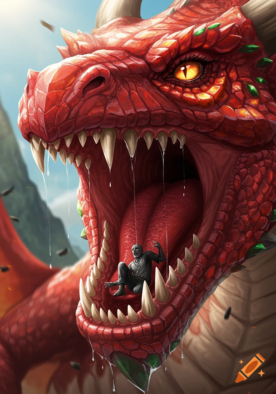 Close-up of a giant red dragon with its mouth open, showing sharp teeth ...