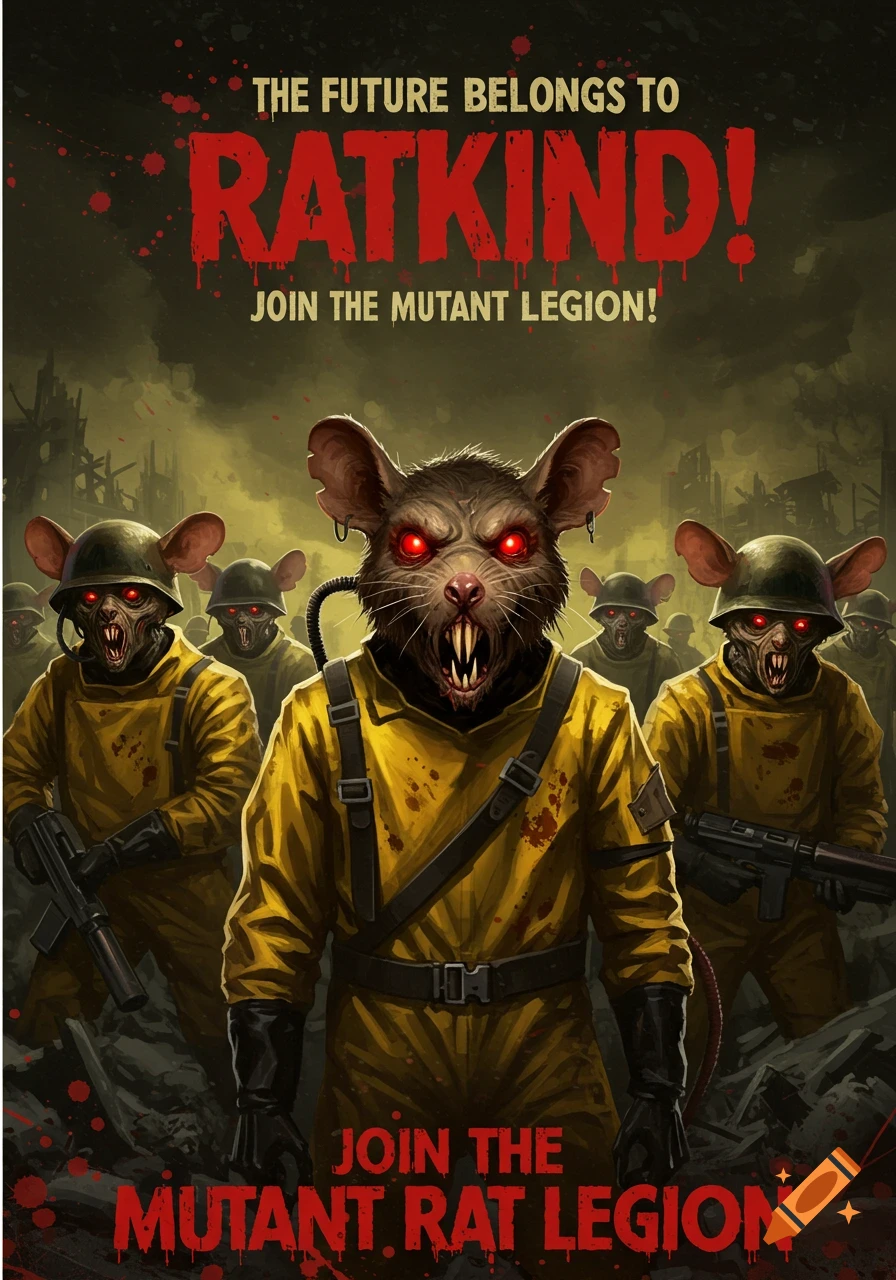 A vintage horror style propaganda poster depicts a horde of mutant humanoid rat soldiers in ...