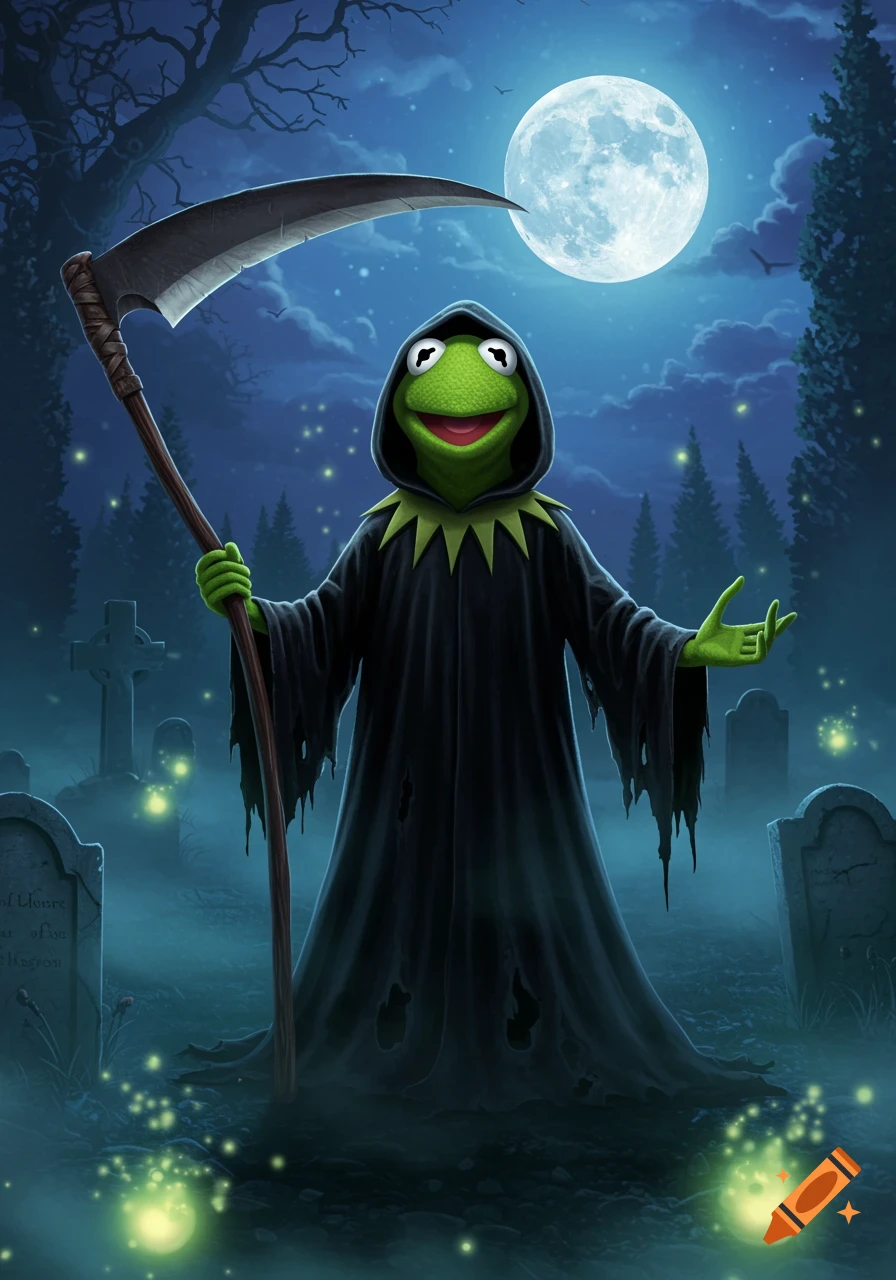Kermit the Frog dressed as the Grim Reaper stands in a dark graveyard ...