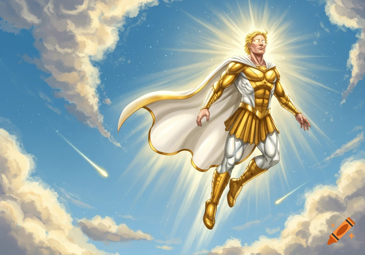 A powerful male superhero with blonde hair and glowing eyes, wearing a ...