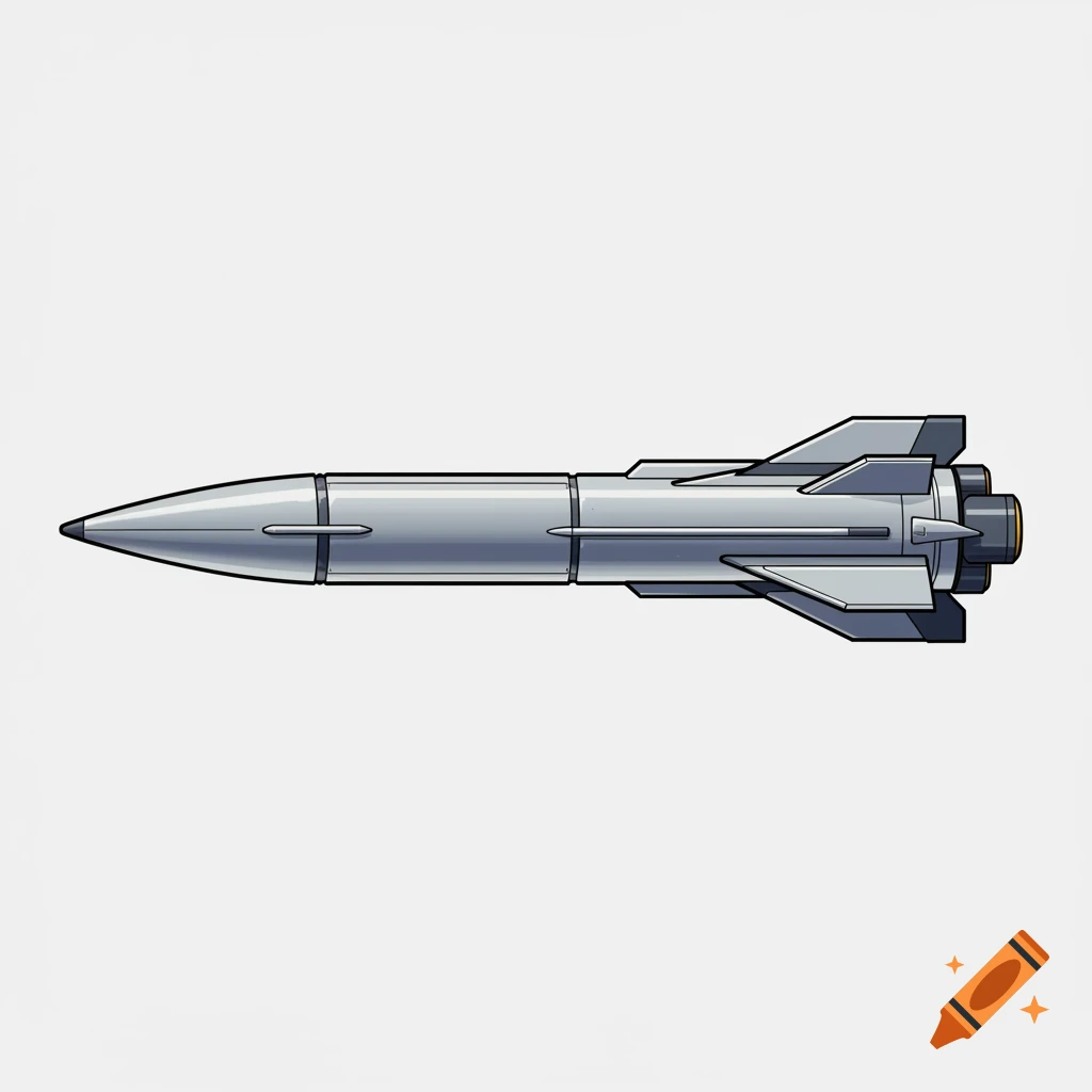 A simple 2D illustration of a grey missile with fins and an engine ...
