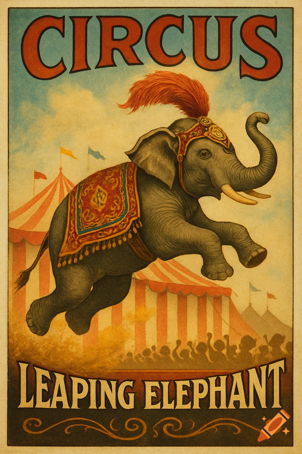 Vintage circus poster with a leaping, decorated elephant in front of tents. Text reads 'CIRCUS ...