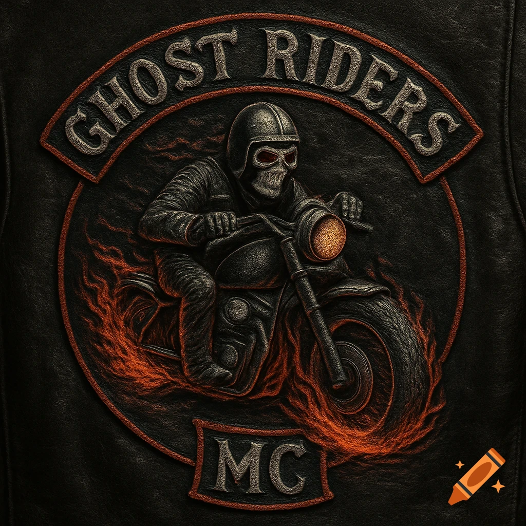 An embroidered patch on black leather featuring a skeleton biker on a ...