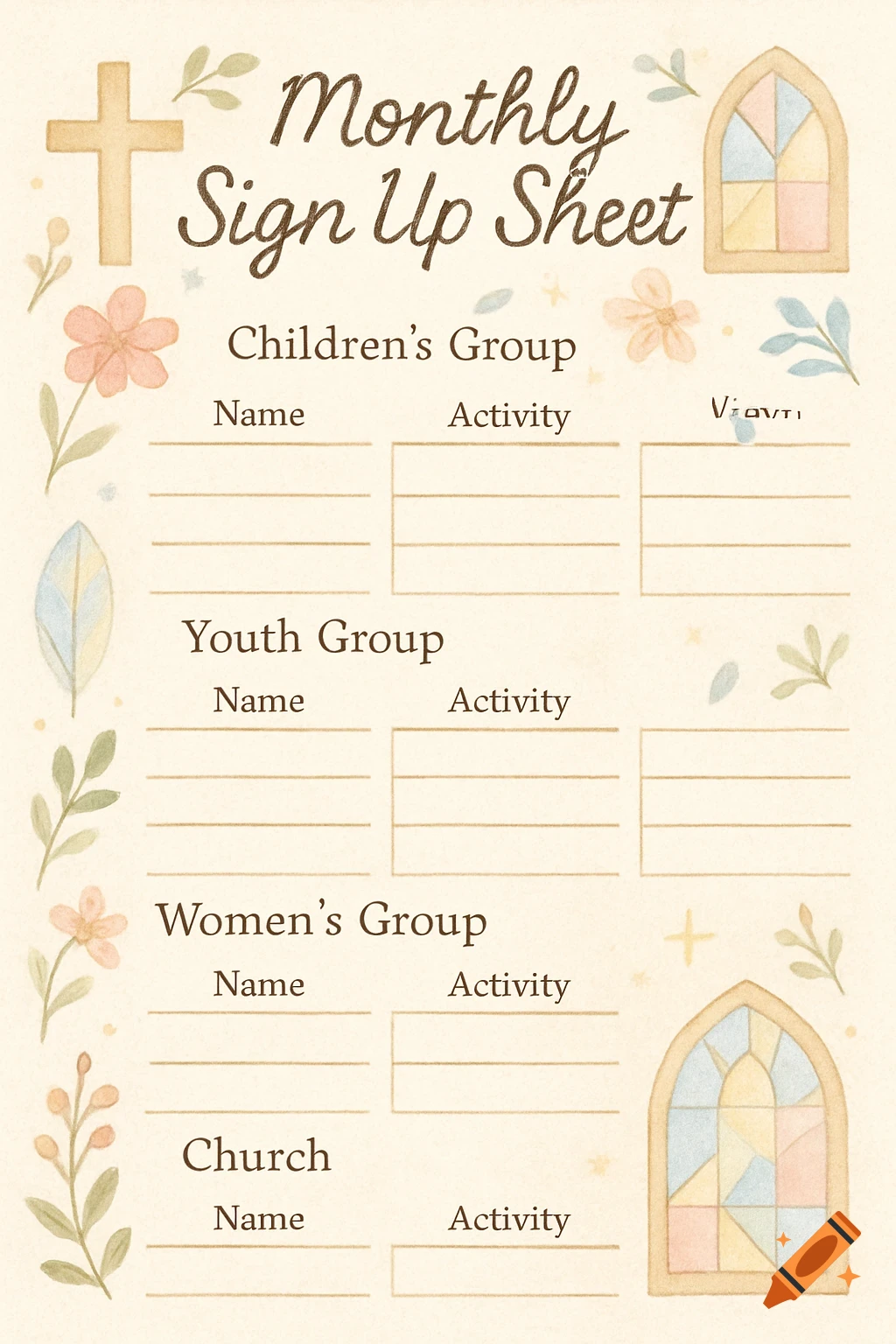 A watercolor-style church signup sheet with a cross, stained glass, and ...