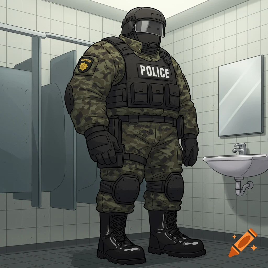 A cartoon illustration of a large, heavily armored police SWAT officer ...