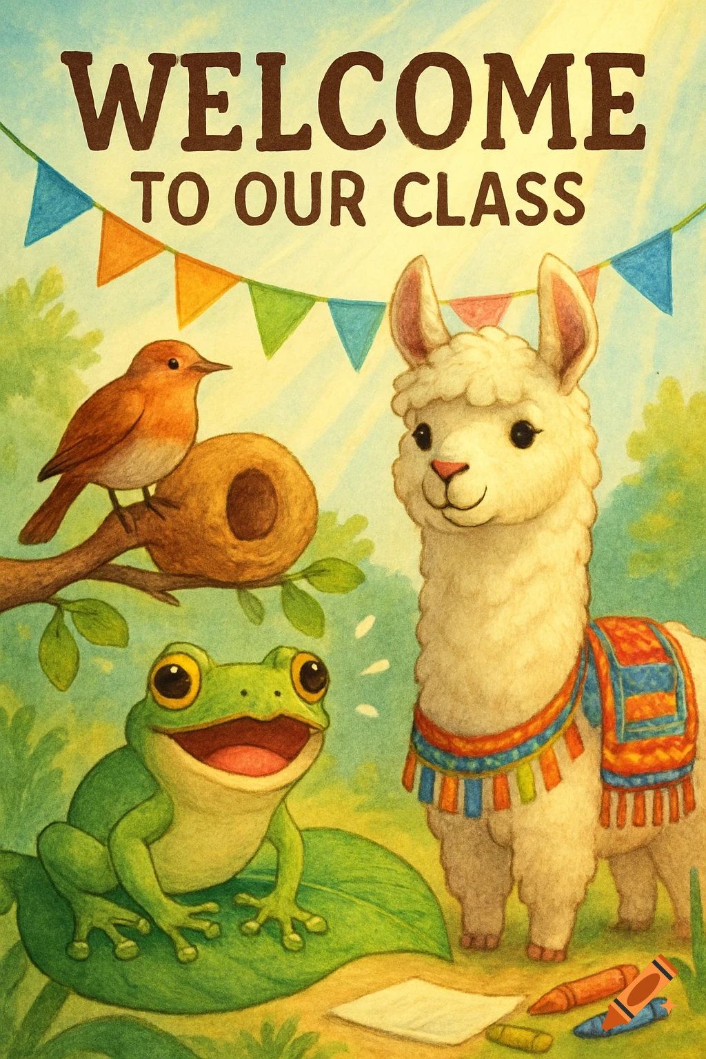 A whimsical school poster illustration featuring a llama, a frog, and a ...