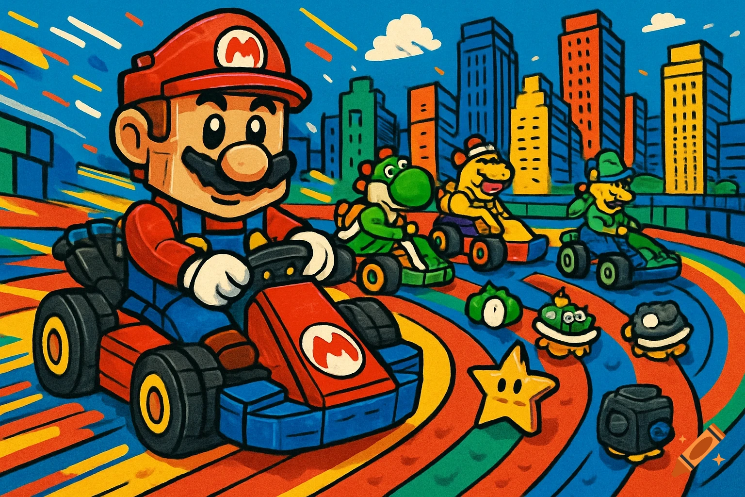 A colorful, cartoony map of a theme park with a roller coaster, a pink ...