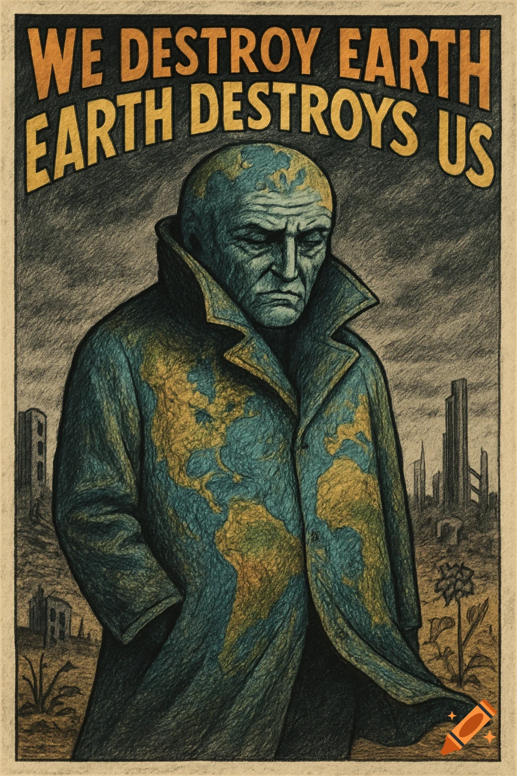 Vintage-style poster of a somber man with the world map on his skin and ...