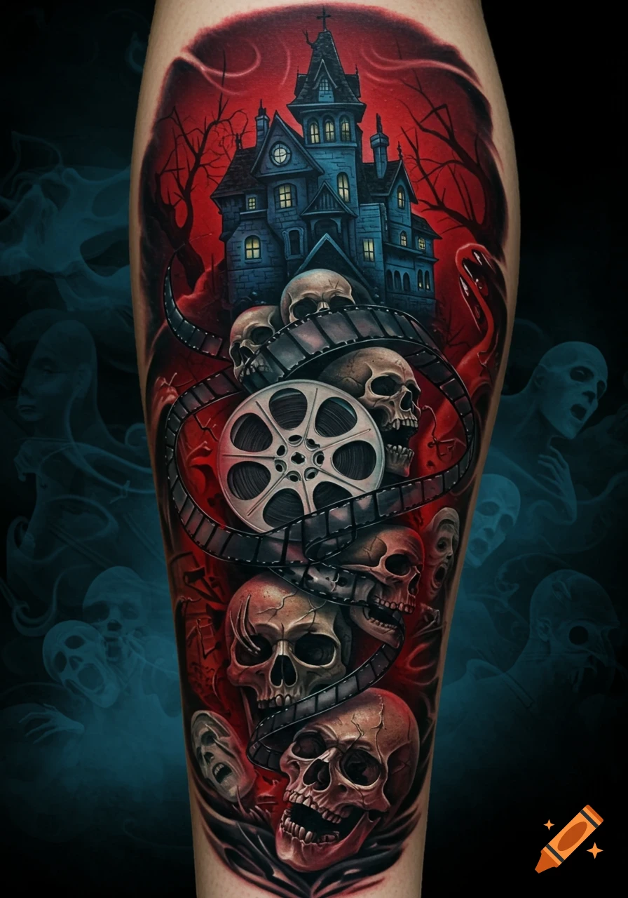 Haunted house, skulls, film reel, and ghostly figures in a dark horror ...
