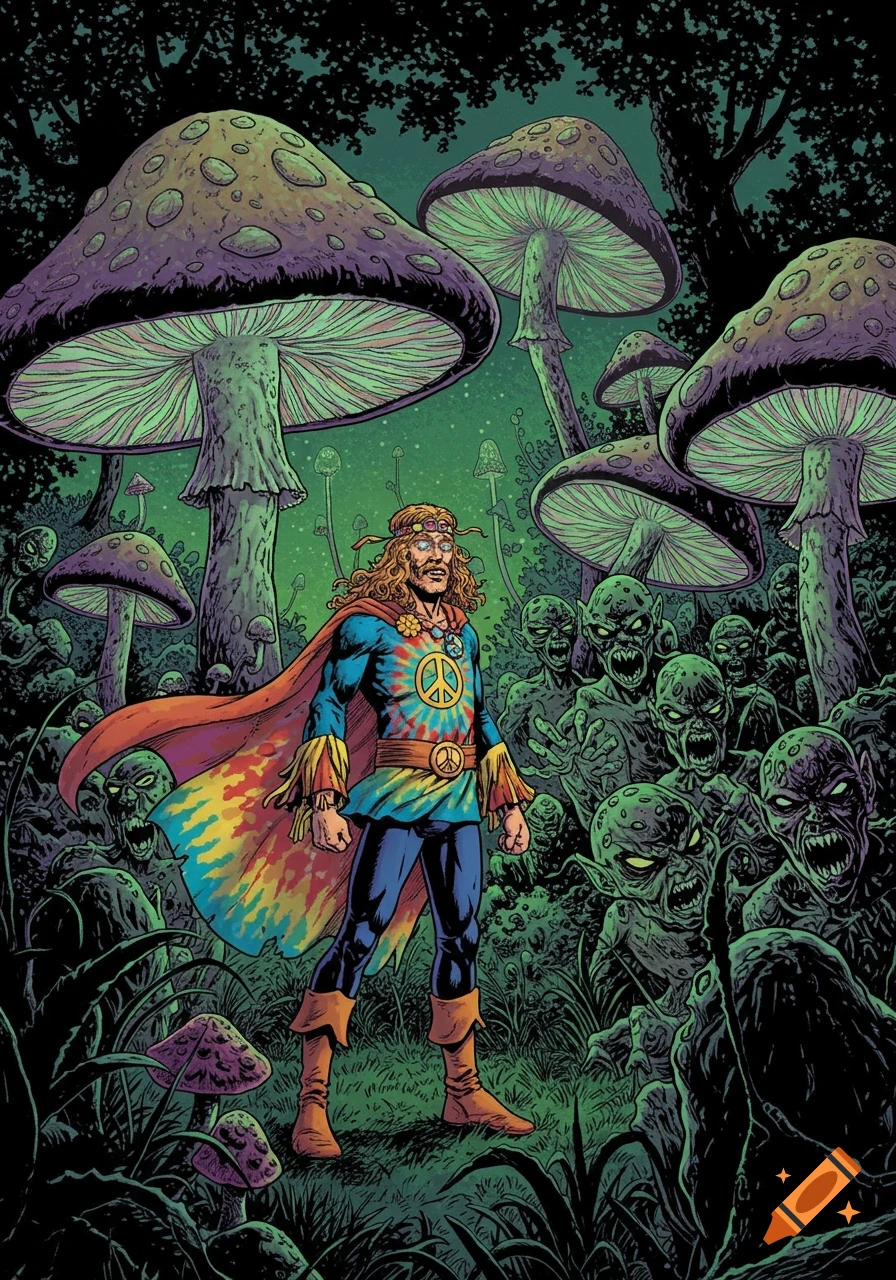 A hippie superhero with a tie-dye cape stands among glowing mushrooms ...
