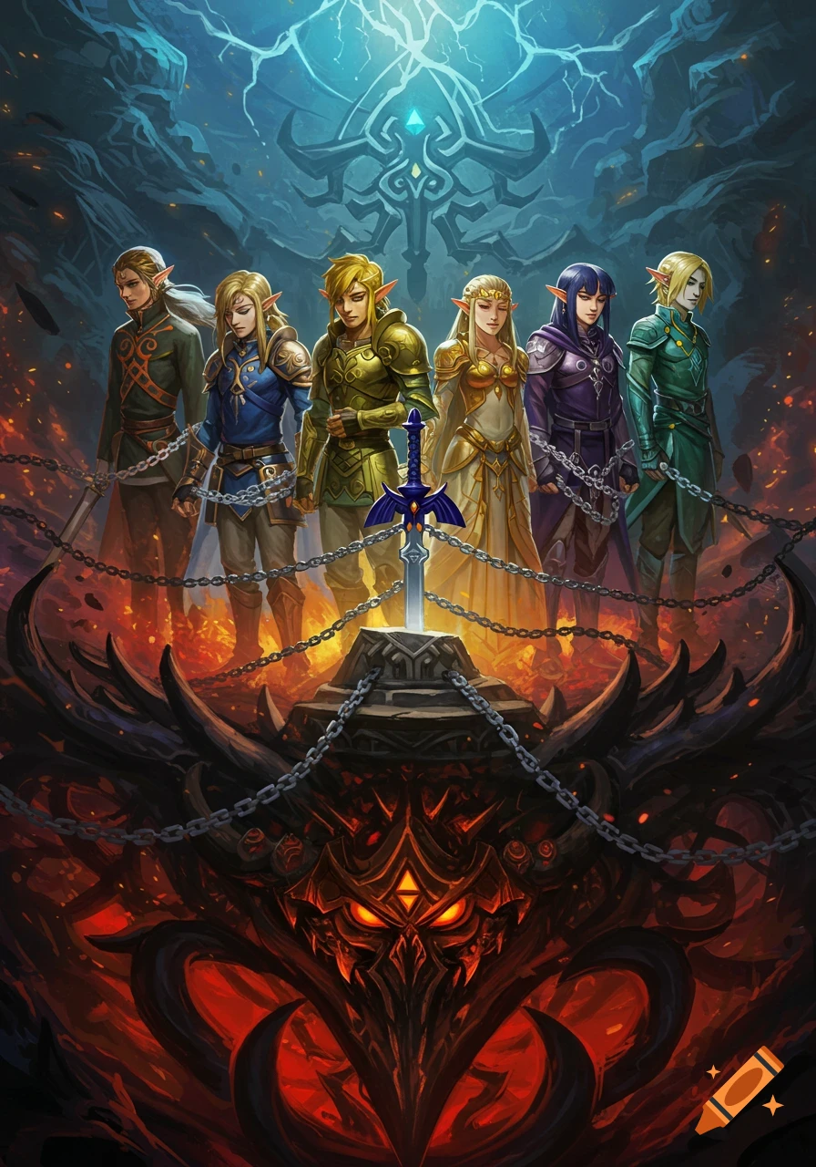 Stylized fantasy art of six Link and Zelda characters standing chained ...