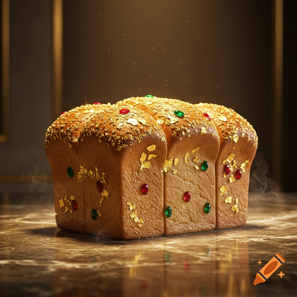 Three loaves of golden bread decorated with gold leaf and red and green ...