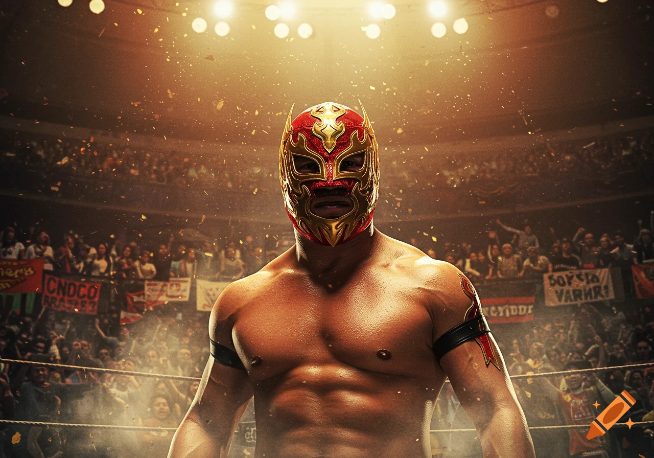 A muscular Mexican luchador in a red and gold mask stands in a brightly ...