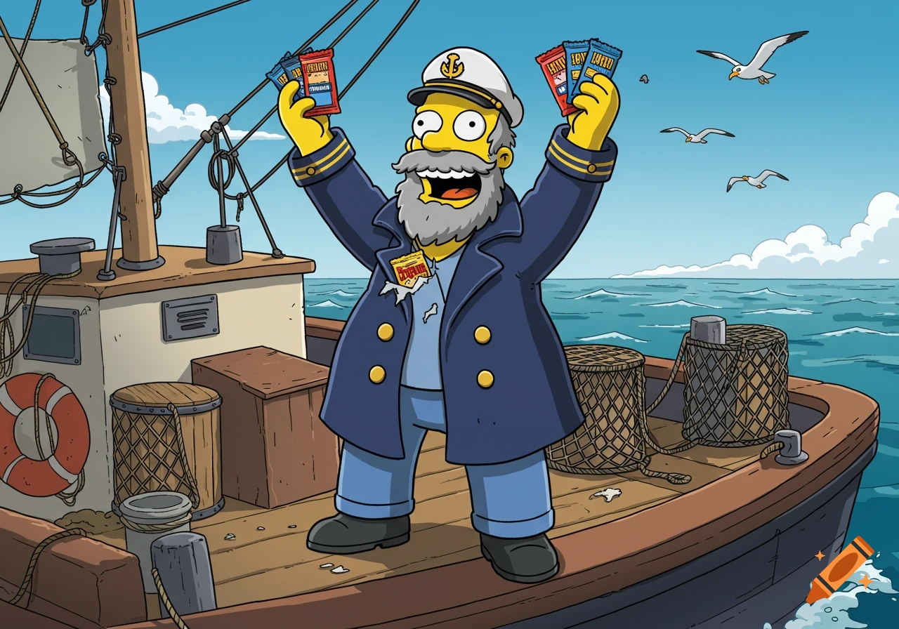 Simpsons-style bearded sea captain on a fishing boat, holding trading ...