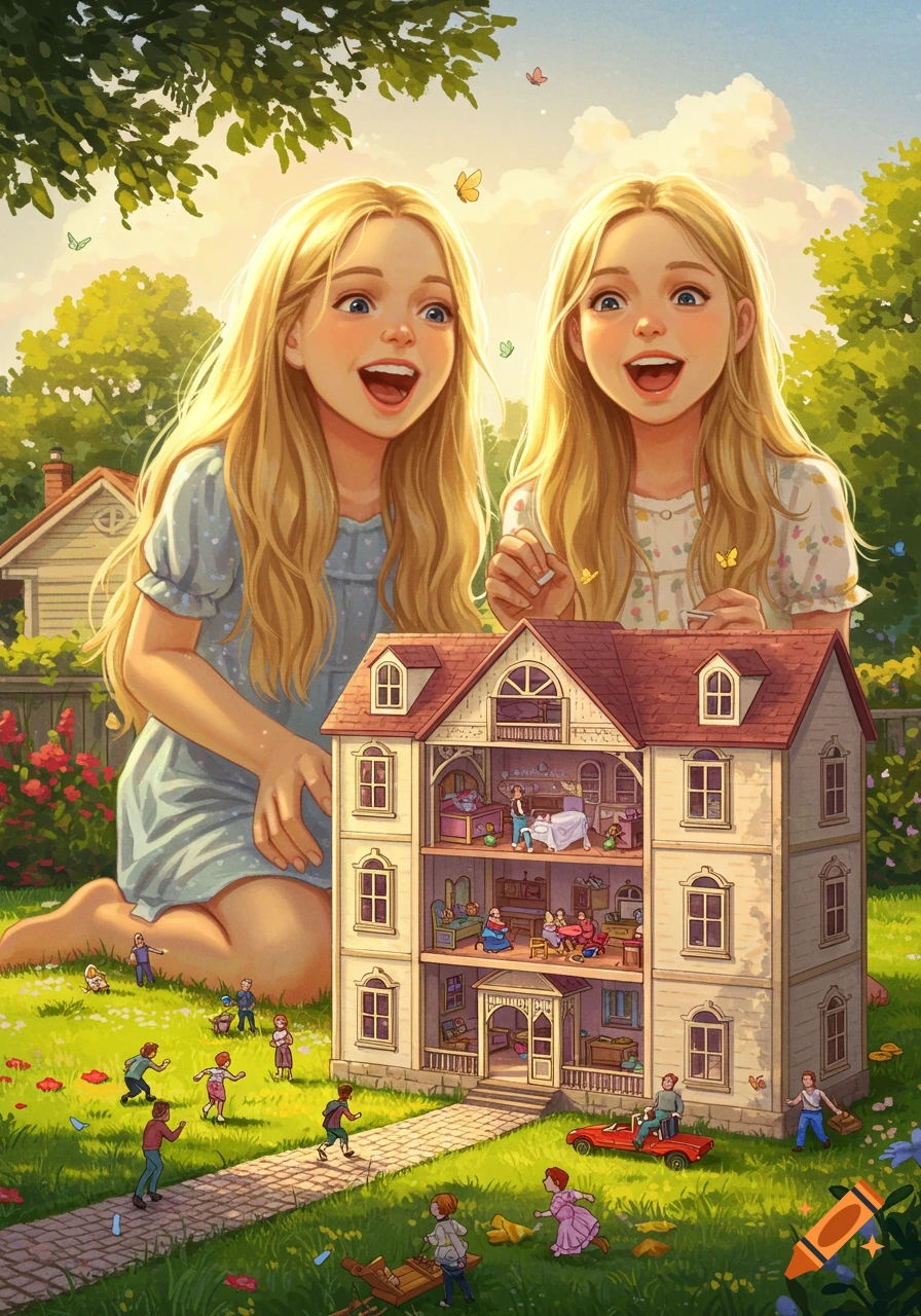 Illustrative scene of two giant blonde girls looking at a dollhouse in ...