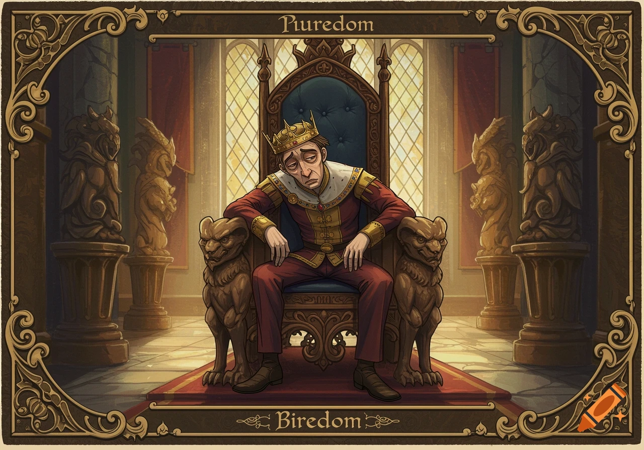 A bored king with a crown sits slumped on an ornate throne in a grand ...