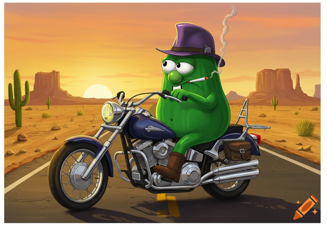 Cartoon green cucumber character wearing a purple fedora and brown ...