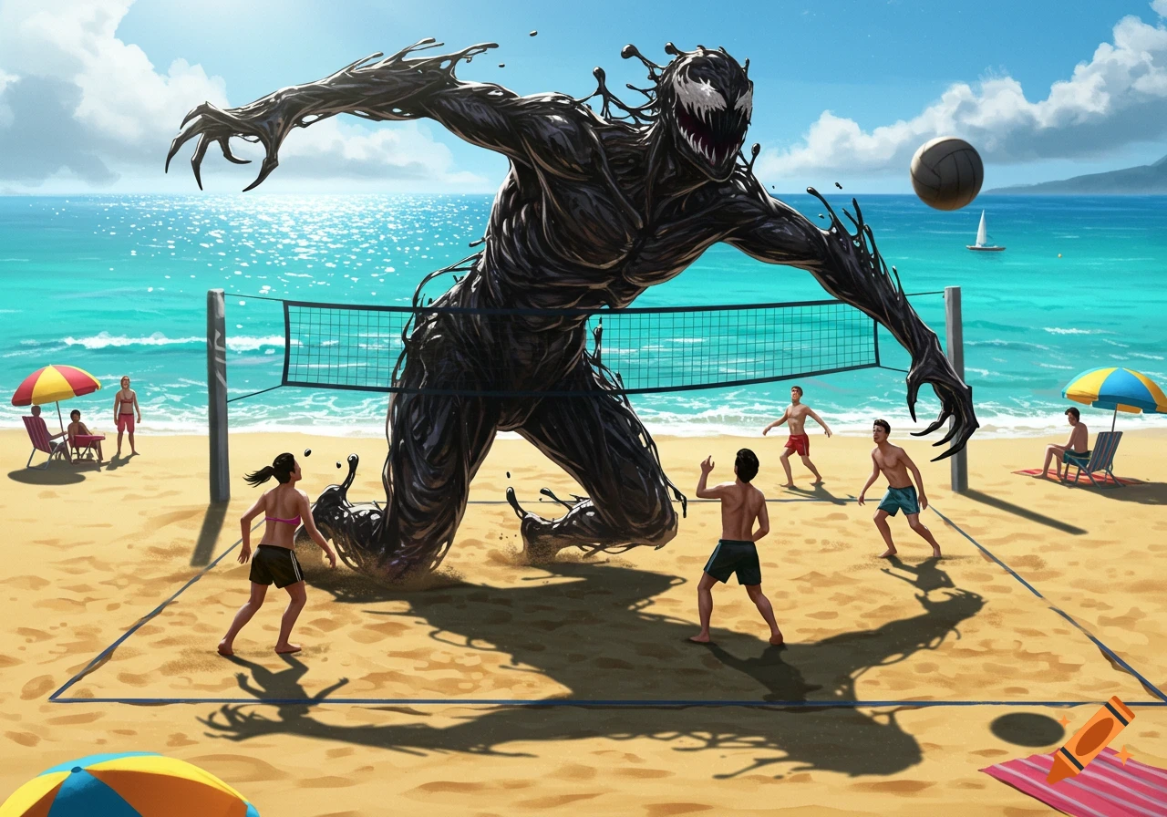 A gigantic black symbiote monster plays beach volleyball with small ...