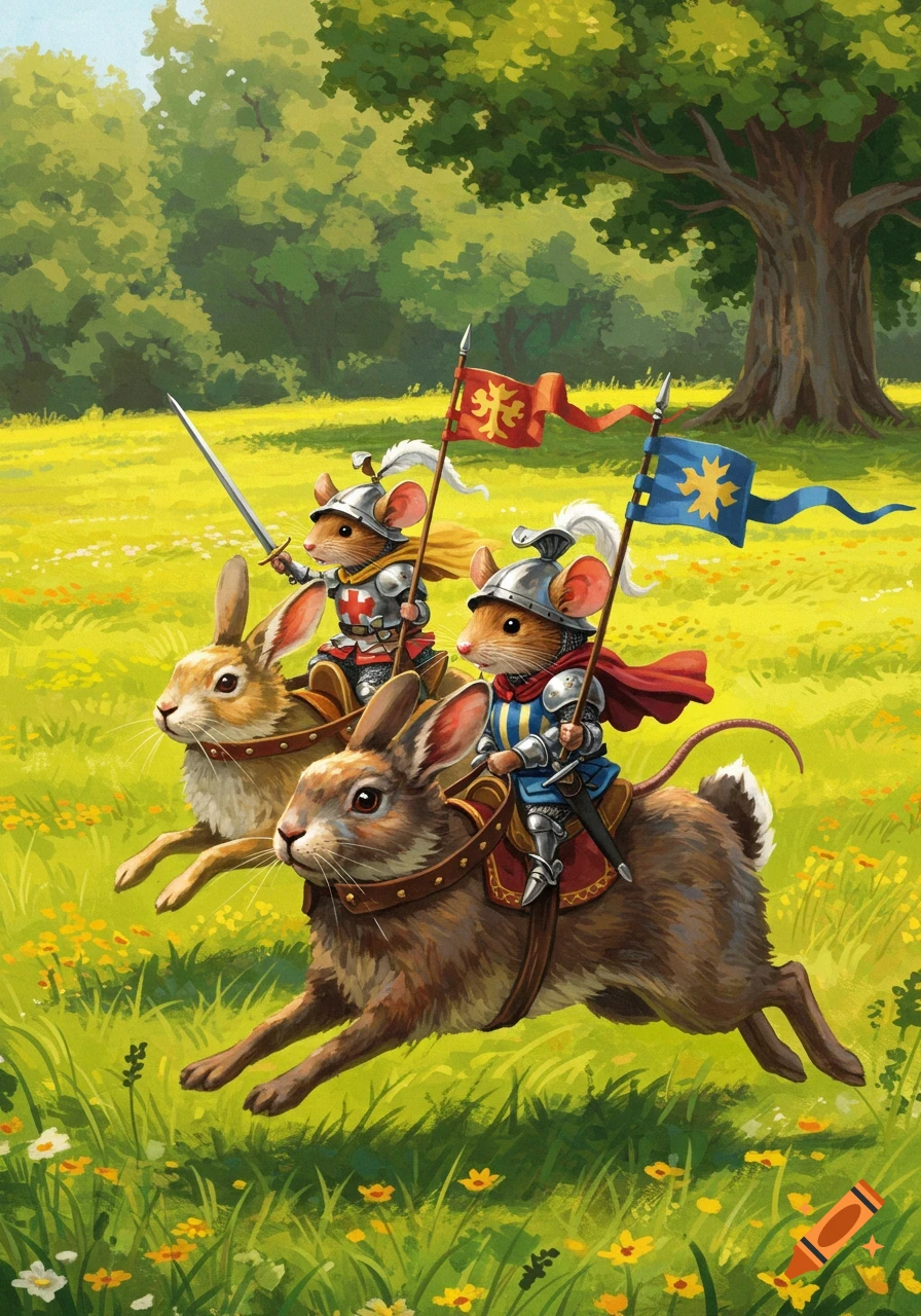 Two medieval mice knights in armor ride rabbits through a vibrant ...