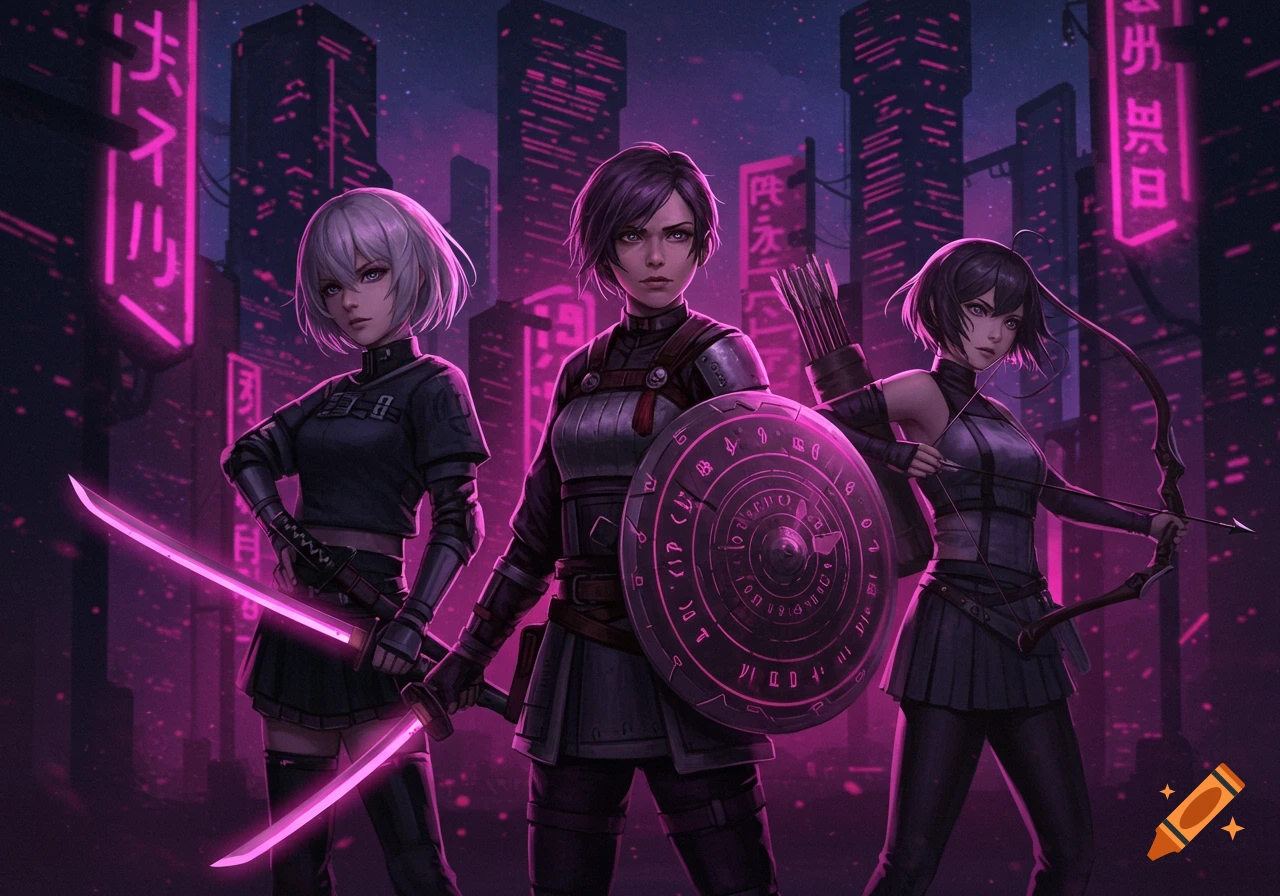 Three anime girls with a glowing sword, shield, and bow stand in a neon ...